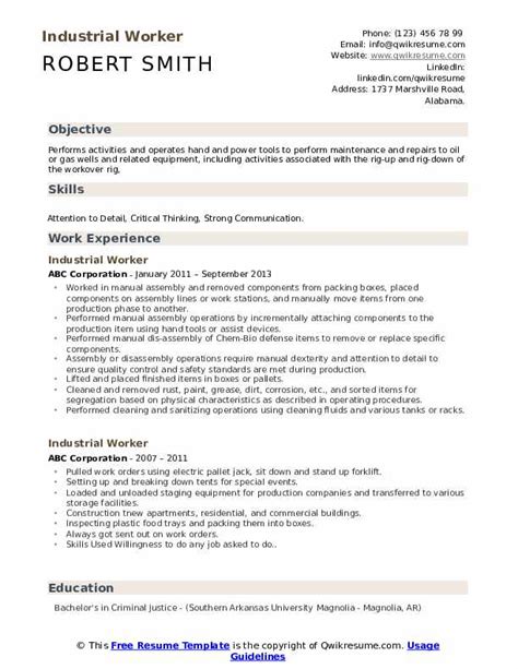 Industrial Worker Resume Samples Qwikresume