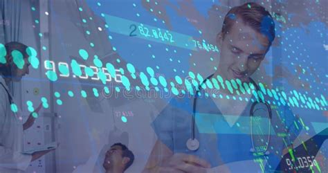 Image Of Data Processing Over Caucasian Male Health Worker Reading Reports At Hospital Stock