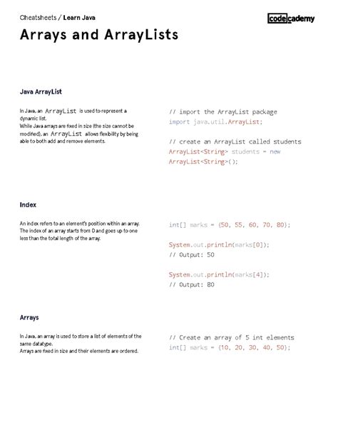 Learn Java Arrays And Array Lists Cheatsheet Codecademy In Java An Arraylist Is Used To