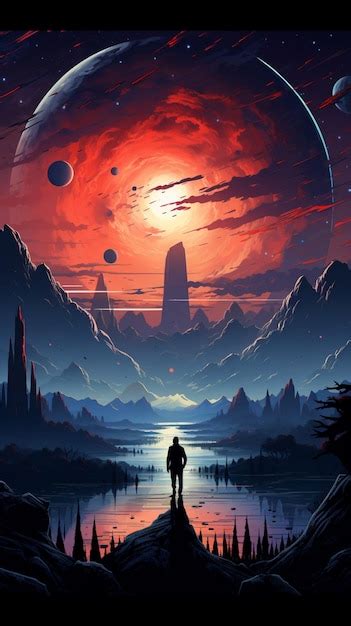 만화 스타일 기술 판타지 평면 디자인 수직 모바일 배경화면을 갖춘 추상 미래 컨셉 아트 프리미엄 Ai 생성 이미지