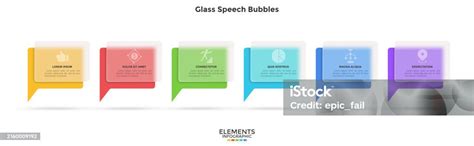 수평 행에 배치된 반투명 직사각형 요소 뒤에 있는 6개의 말풍선 명확한 말하기의 6가지 특징의 개념 최소한의 인포그래픽 디자인 템플릿입니다 현대 평면 벡터 그림입니다 6에