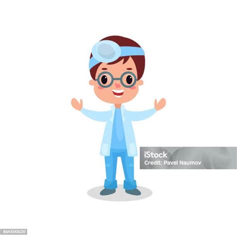 귀여운 소년 의사 이비인후과 아이 재생 의사 벡터 일러스트 레이 션의 반사 체 정면 전문 의류 건강관리와 의술에 대한 스톡 벡터 아트 및 기타 이미지 Istock