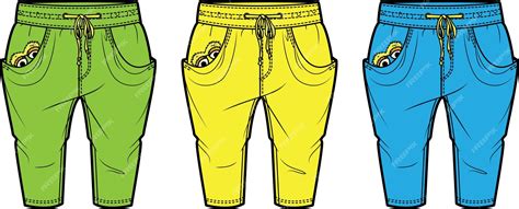 유아 소년 드롭 가랑이 바지 평면 스케치 기술 드로잉 벡터 일러스트 템플릿 프리미엄 벡터