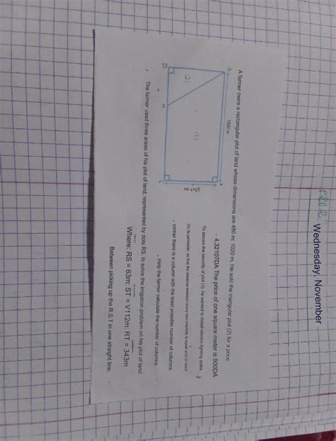 SOLVED A Farmer Owns A Rectangular Plot Of Land Whose Dimensions Are 480 M 1020 M He Sold The