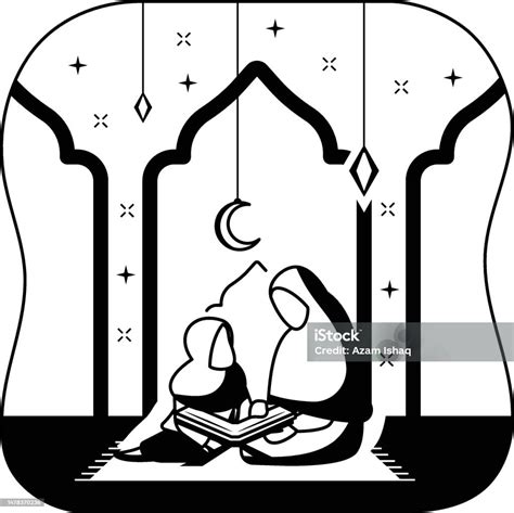 이슬람 교육 벡터 아이콘 디자인 라마잔 이드 알 피트르 상징 이슬람과 무슬림 금식 서명 아랍어 휴일 축하 그림 무슬림 어머니는 딸에게 꾸란 개념을 읽도록 가르친다