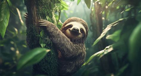 In A Lush Green Forest A Smiling Sloth Is Seen Hugging A Tree Branch