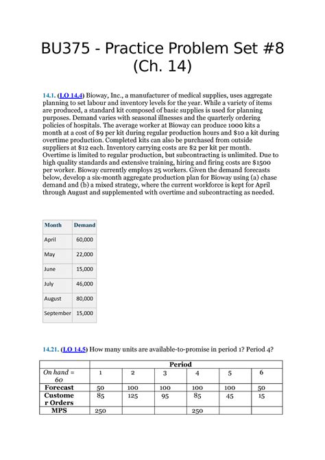 Practice Problem Set 8 Chapter 14 Bu375 Practice Problem Set Ch