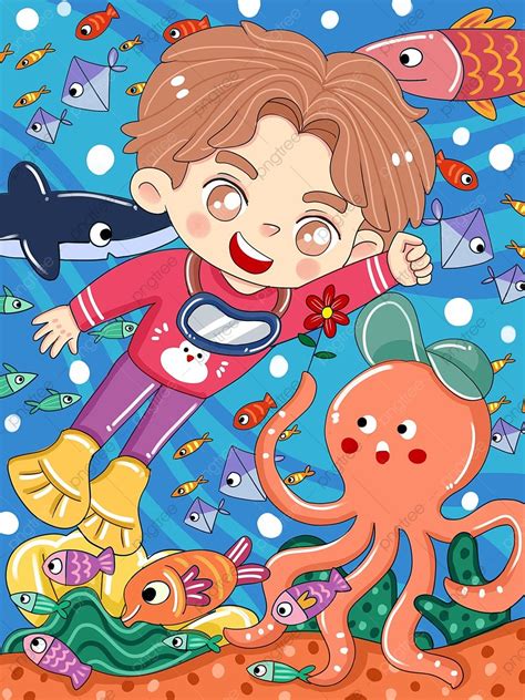 原創卡通世界海洋日海底探險兒童插畫 原創 世界海洋日 海洋日插畫素材桌布背景免費下載 免版稅