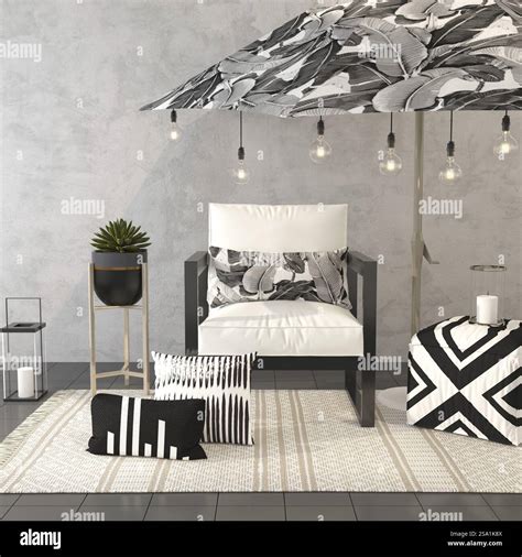 Indoor Arrangement With A Monochromatic Palette Featuring A Plant Geometric Patterns And