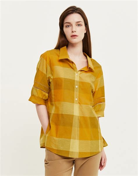 포스티 21ss 헤지스 여성 옐로우 체크 린넨혼방 7부소매셔츠wssh1b513y2