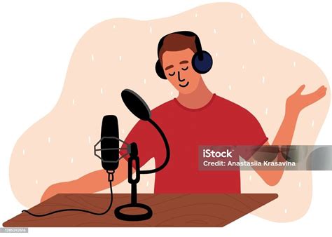 백인 남자는 라이브 팟 캐스트를하고있다 스튜디오에서 마이크 녹음 음성에 말하는 남성 팟 캐스터 플랫 스타일의 벡터 일러스트레이션 라디오에 대한 스톡 벡터 아트 및 기타