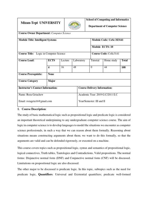 Logic In Computer Science Course Out Line Pdf Logic First Order Logic