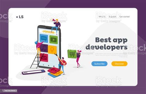 모바일 앱 개발 방문 페이지 템플릿 작은 문자 는 스마트 폰 화면에 아이콘을 넣어 사람들은 Ui 레이아웃을 만들 벡터에 대한 스톡 벡터 아트 및 기타 이미지 Istock