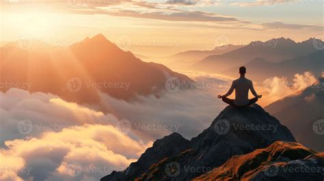 Persona Meditando En Un Montaña Pico A Amanecer Rodeado Por Nubes Y