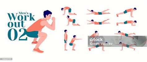 남자 운동 세트 남자는 벡터 세트를 운동합니다 피트니스와 요가 운동을하는 남자 런지 푸쉬업 스쿼트 아령행 버피 사이드 판자 둔부 다리 다리 인상 러시아어 트위스트 등 상징에