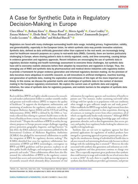 A Case For Synthetic Data In Regulatory Decision Making Pdf Data