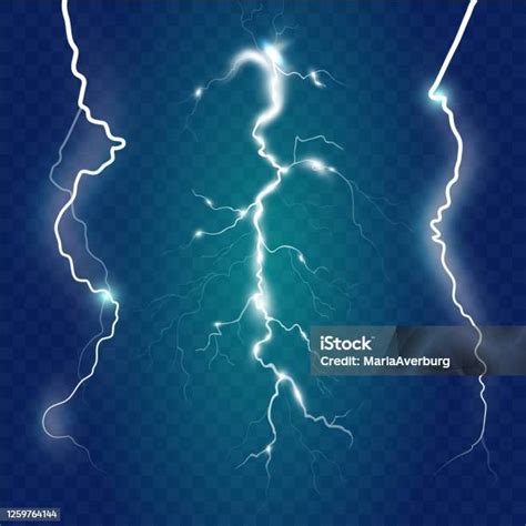 파란색 배경에 격리 된 번개 효과 집합입니다 천둥 폭풍 마법과 밝은 번개 효과 사실적인 벡터 일러스트레이션 과학에 대한 스톡 벡터 아트 및 기타 이미지 Istock