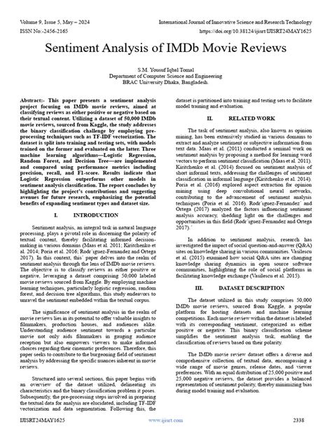 Sentiment Analysis Of Imdb Movie Reviews Pdf Machine Learning