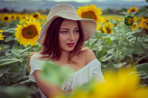 햇볕이 잘 드는 여름날 모자를 쓰고 해바라기 의 작물 밭에 서있는 흰색 드레스를 입은 젊은 여성의 초상화 감정에 대한 스톡 사진 및 기타 이미지 Istock