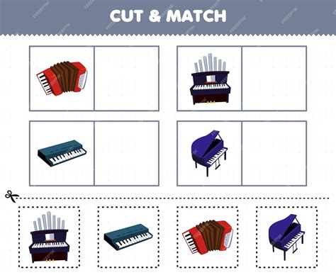 어린이를 위한 교육 게임은 만화 음악 악기 아코디언 오르간 키보드 피아노의 동일한 그림을 잘라서 일치시킵니다 프리미엄 벡터