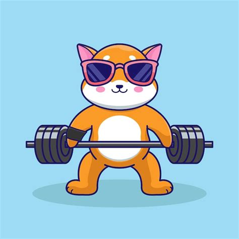 멋진 선글라스를 착용하고 바벨을 들어 올리는 귀여운 만화 스타일 시바 이누 프리미엄 벡터