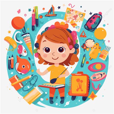 교육 무료 벡터 스티커 클립 아트 설명 어린 소녀는 그녀의 항목 만화를 가지고 노는 상표 클립 아트 Png 일러스트 및 벡터 에 대한 무료 다운로드 Pngtree