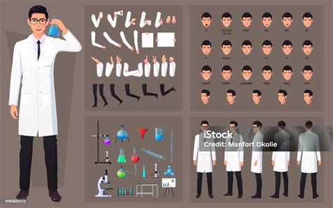 과학자 화학자 캐릭터 창조 세트는 하얀 실험실 코트 실험실 장비 몸짓 및 얼굴 표정을 입은 남자와 함께 앞면 뒤 모습 가공의