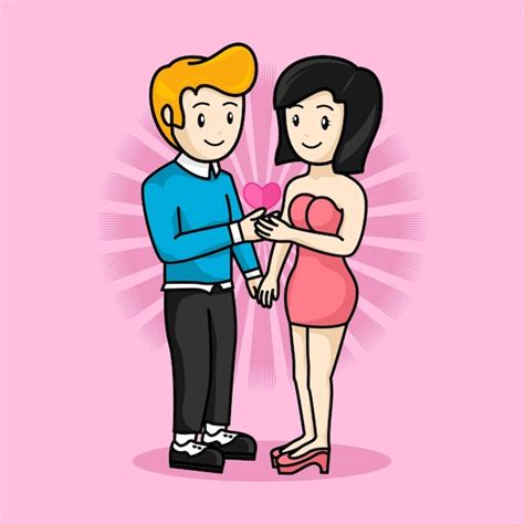 만화 귀여운 발렌타인 커플 캐릭터 일러스트 평면 디자인 프리미엄 벡터