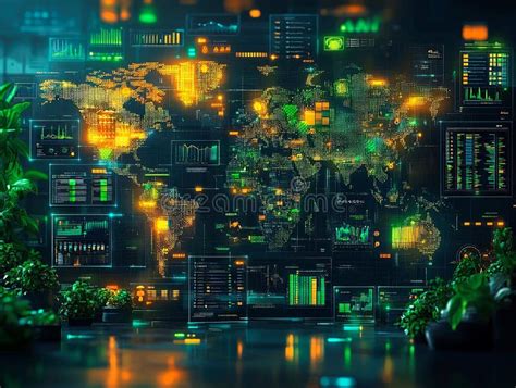 Futuristic Control Room Glowing Screens Displaying Global Data Stock