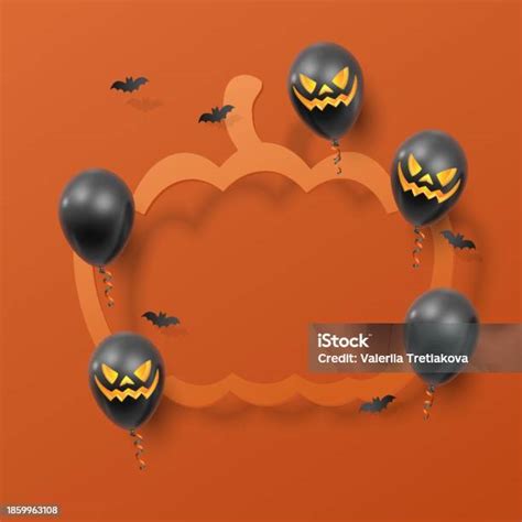 무서운 얼굴 리본 박쥐 색종이 조각과 생강 주황색 종이 호박 프레임이 있는 사실적인 검은 풍선 카드 할로윈 파티 전단지 포스터