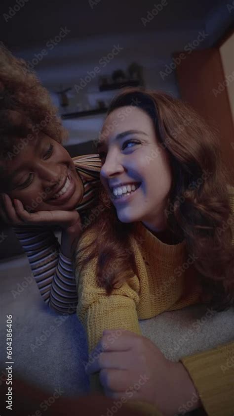 Vertical Babe Multiracial LGBT Partner Waving To Camera Funny Indoors