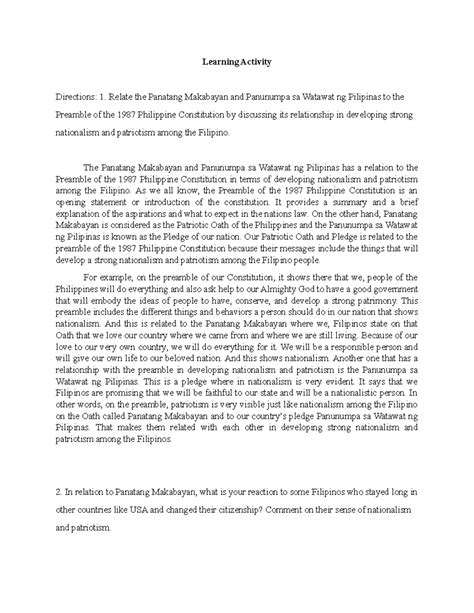 Preamble Of The 1987 Philippine Constitution Nstp Learning Activity Directions 1 Relate