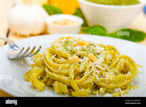 Italian Traditional Basil Pesto Pasta Ingredients Parmesan Cheese Pine