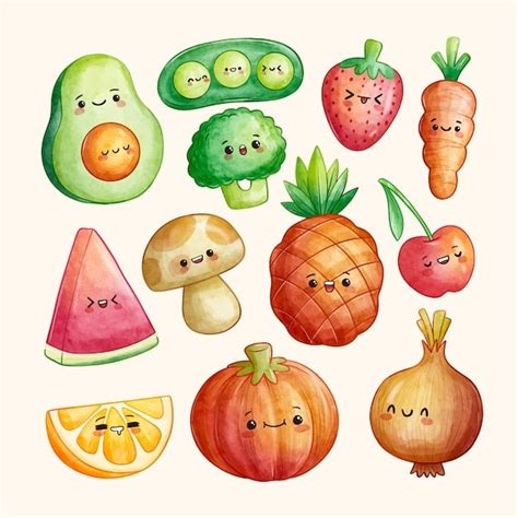 수채화 귀여운 음식 세트 무료 벡터 Fruits Drawing Cute Cartoon Food Cute Food