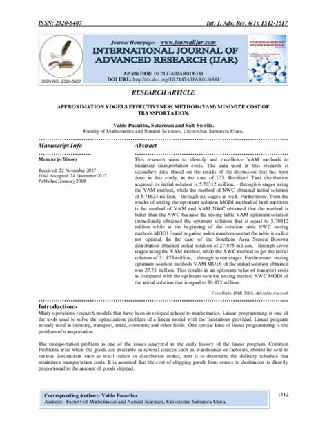 Pdf Approximation Vogels Effectiveness Method Vam Minimize Cost Of