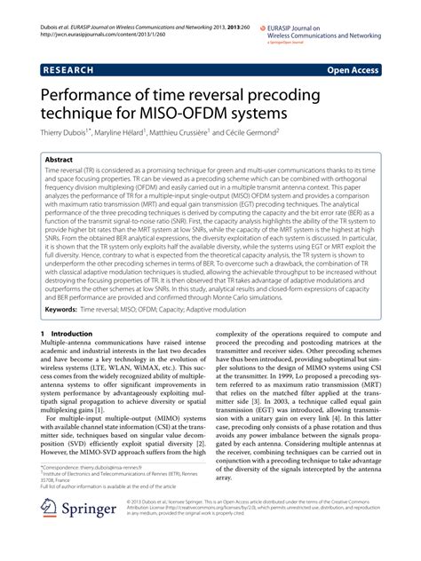 Pdf Performance Of Time Reversal Precoding Technique For Miso Ofdm Systems