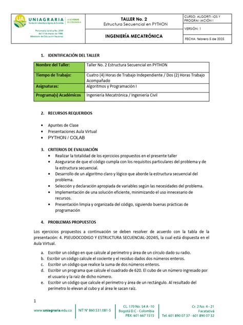 2 Taller No 2 Estructura Secuencial En Python 2025is Pdf