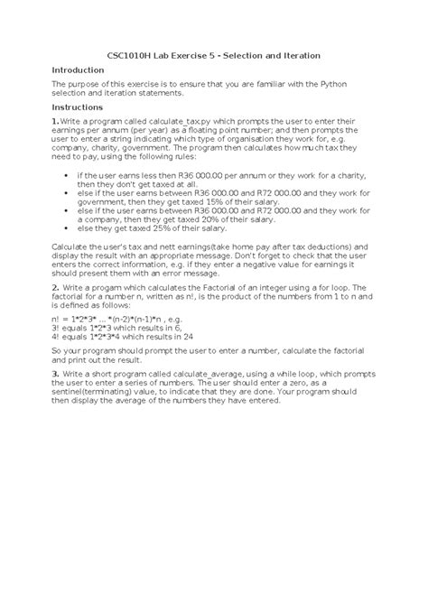 Csc1010h Lab Exercise 5 Selection And Iteration Csc1010h Lab Exercise