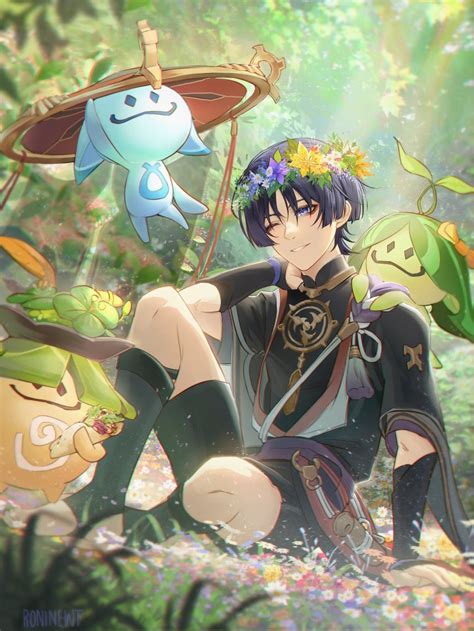 Roninewt Scaramouche Genshin Impact Genshin Impact Highres 1babe Black Shorts Blue Eyes