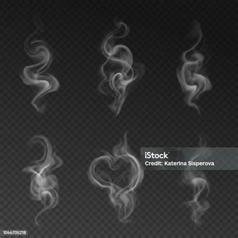 벡터 현실적인 투명 연기 효과담배 커피 또는 뜨거운 녹차 증기의 설정 연기 물리적 구조에 대한 스톡 벡터 아트 및 기타 이미지