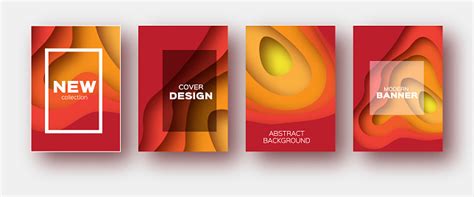 빨간색 노란색 종이 잘라 물결 모양 계층화 된 곡선 종이 접기 비즈니스 프레 젠 테이 션 전단지 포스터 디자인 4 수직 배너의 집합입니다 3 차원 지도 추상 조각입니다
