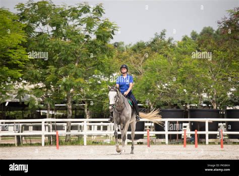 A Western Woman Riding Her Horse Around A Paddock At A Riding School In