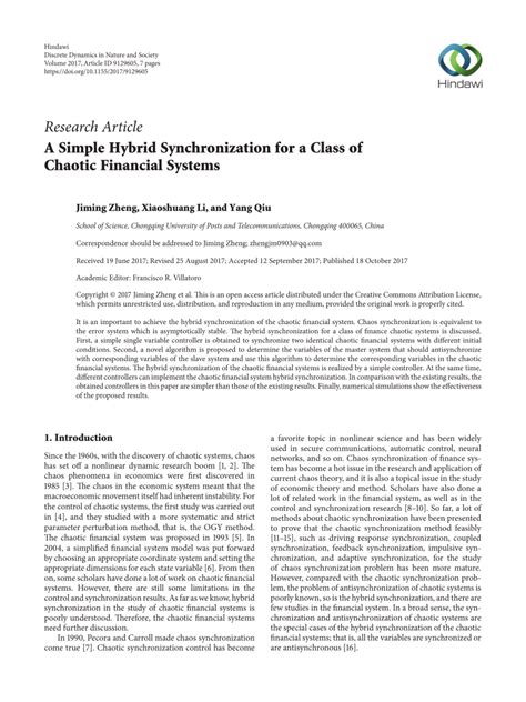 Pdf A Simple Hybrid Synchronization For A Class Of Chaotic Financial Systems