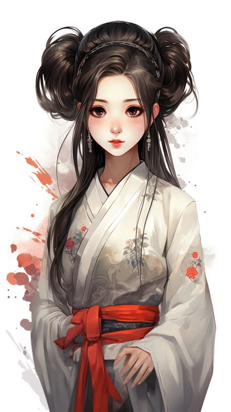 女孩， 看向观者， 站着， 白皙皮肤， 嘴唇微张， 飘动的头发， 汉服， 卡通手绘，貂蝉 豆友uzio的人物动漫 自由创作作品