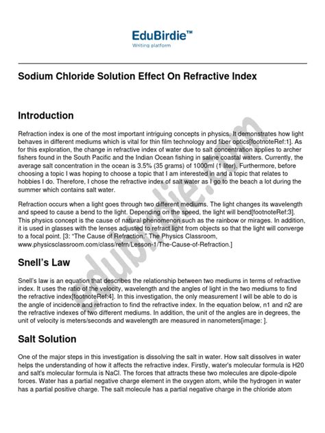 Sodium Chloride Solution Effect On Refractive Index Pdf Light Refractive Index