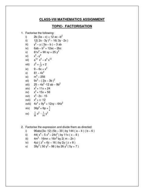 Class Viii Mathematics Assignment Topic Factorisation Pdf