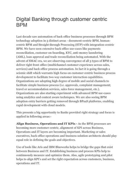 Digital Banking Through Customer Centric Bpm Docx Cloud Computing