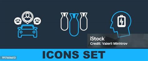 낮은 배터리 자동차 공유 및 항공 폭탄 아이콘을 가진 라인 헤드를 설정합니다 벡터 개념에 대한 스톡 벡터 아트 및 기타 이미지 개념 공유 개념 과로 Istock