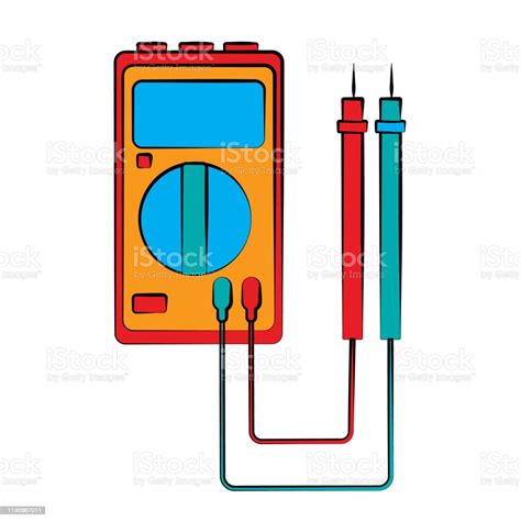 Ac Dc 전압 전류 저항 배선 손상 및 연결부를 측정 하기 위한 작은 빨간색 청색 전기 계량기 테스터 디지털 멀티 미터 건설 도구 벡터 계측기 교정에 대한 스톡 벡터 아트