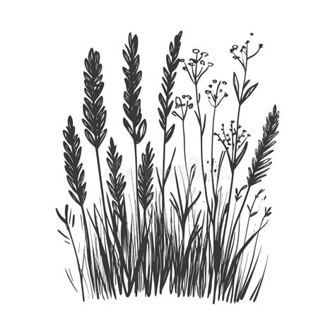 Stylized Wildflowers And Grasses In Monochrome Ink Drawing Stock Vector